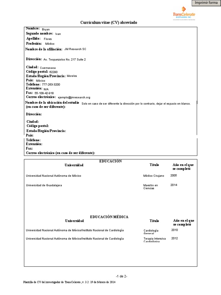 TransCelerate Curriculum Vitae Form 3 Español 1 | PDF | México ...