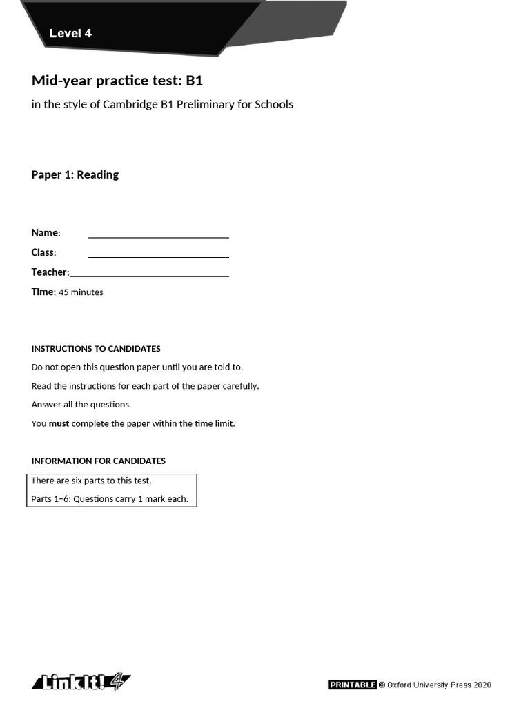 Mid-Year Practice Test: B1: in The Style of Cambridge B1 Preliminary ...