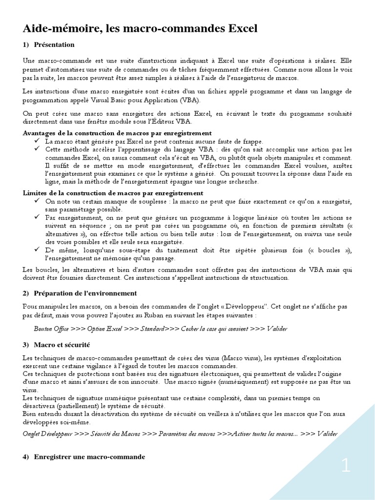 Aide-Mémoire, Les Macro-Commandes Excel: 1) Présentation | PDF