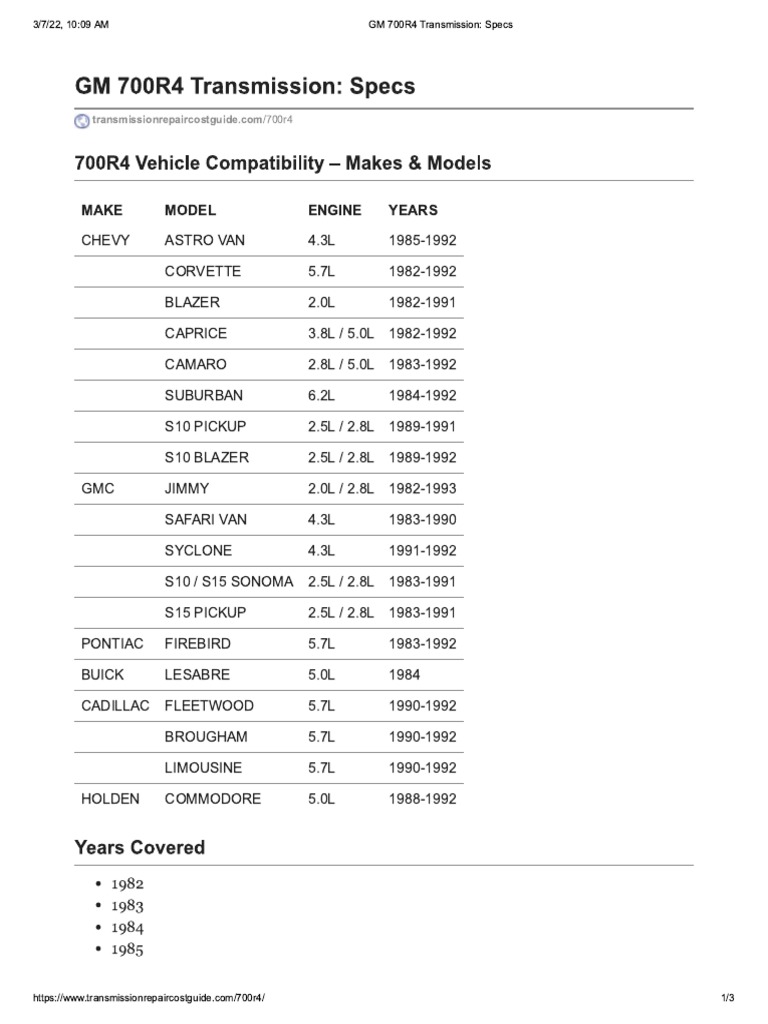 GM 700R4 Transmission - Specs | PDF