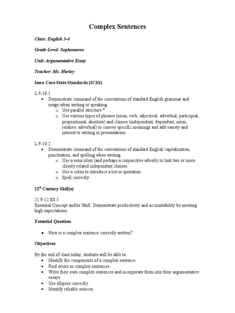 Complex Sentences: Class: English 3-4 Grade Level: Sophomores Unit ...