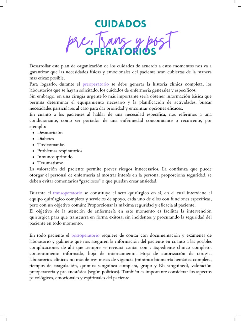 Cuidados Pre, Trans y Postoperatorios | PDF