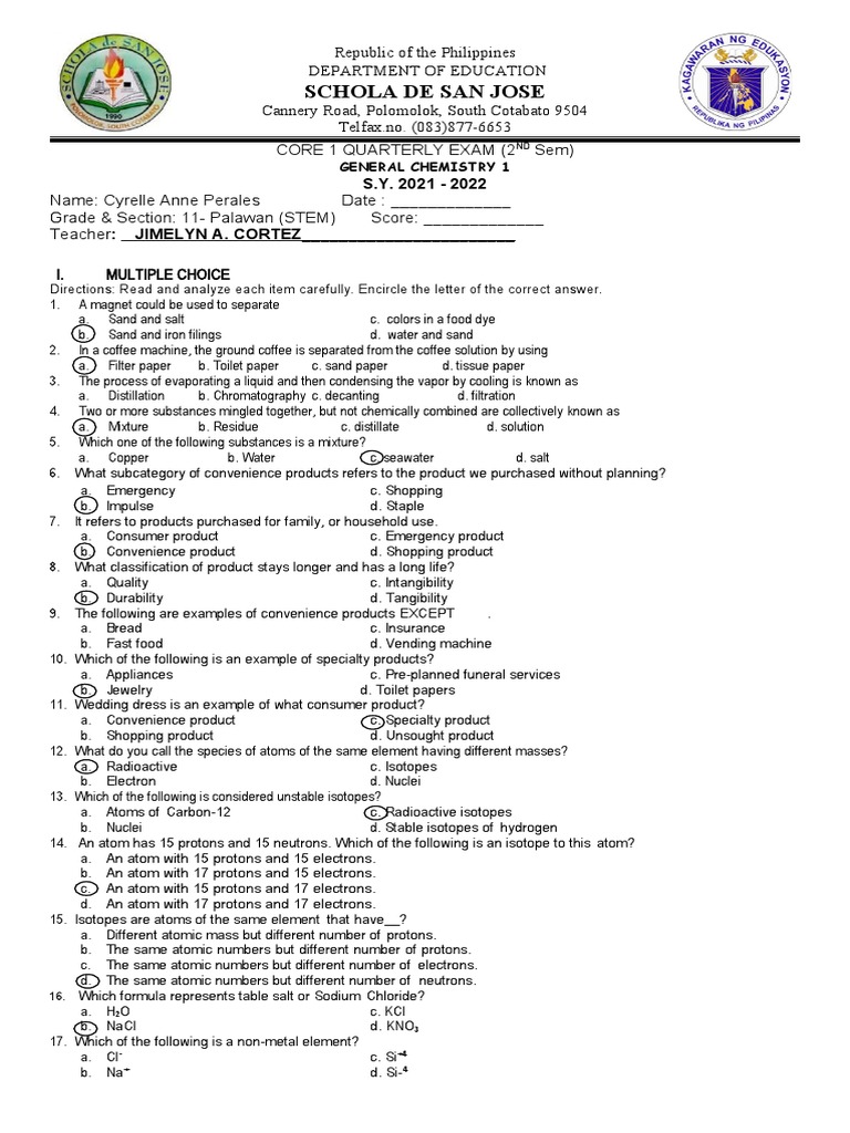 3RD Quarterly Exam Gen Chem | PDF | Isotope | Atoms