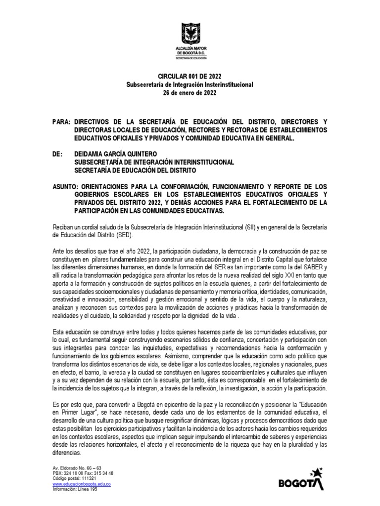 Circular 001 de 2022 - Sii - Gobiernos Escolares - 26-01-2022 (1) (1 ...
