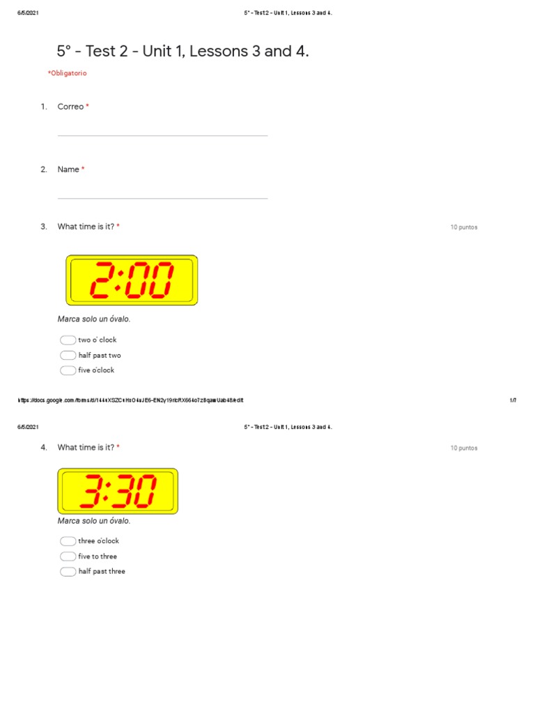 5° - Test 2 - Unit 1, Lessons 3 and 4 | PDF