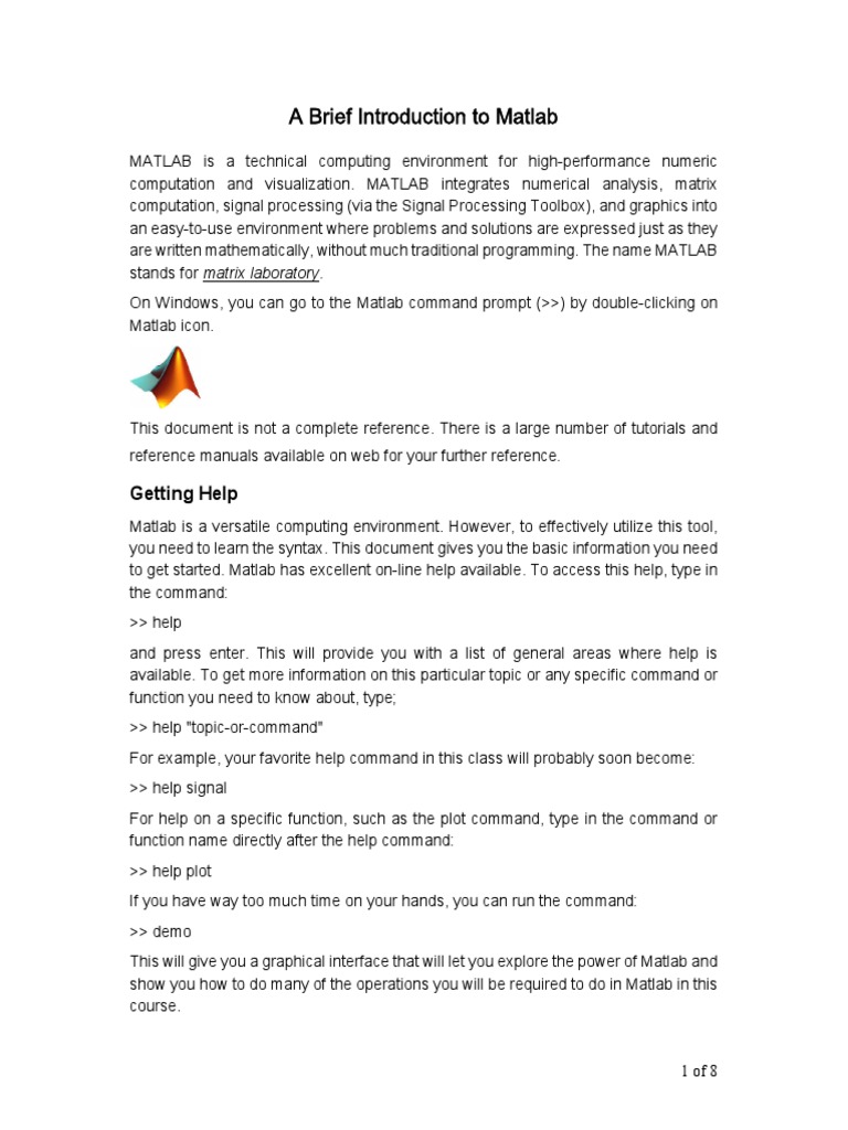 A Brief Introduction To Matlab | PDF | Matlab | Matrix (Mathematics)
