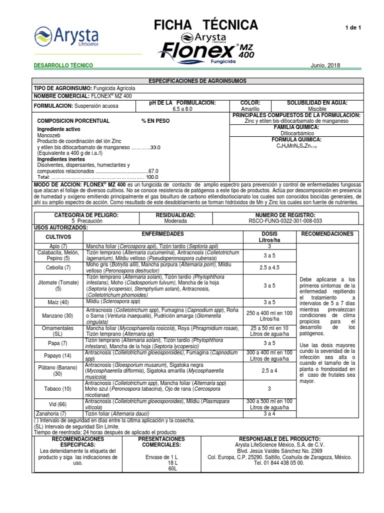 Ficha Técnica Flonex MZ 400 Arysta (México) | PDF | Plantas | Química