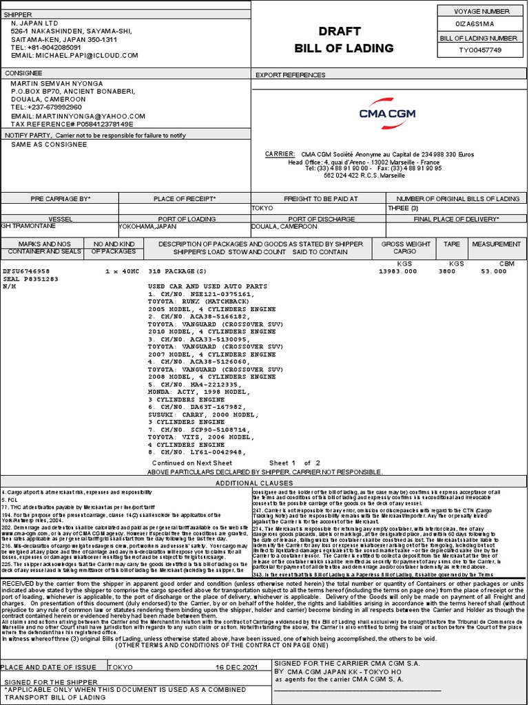 BL Draft Tyo0457749 | PDF | Bill Of Lading | Cargo