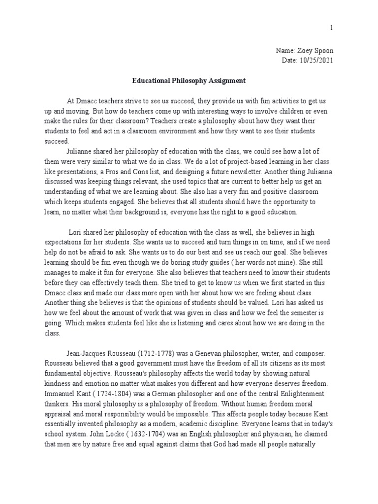 Educational Philosophy Assignment | PDF | Philosophy Of Education ...