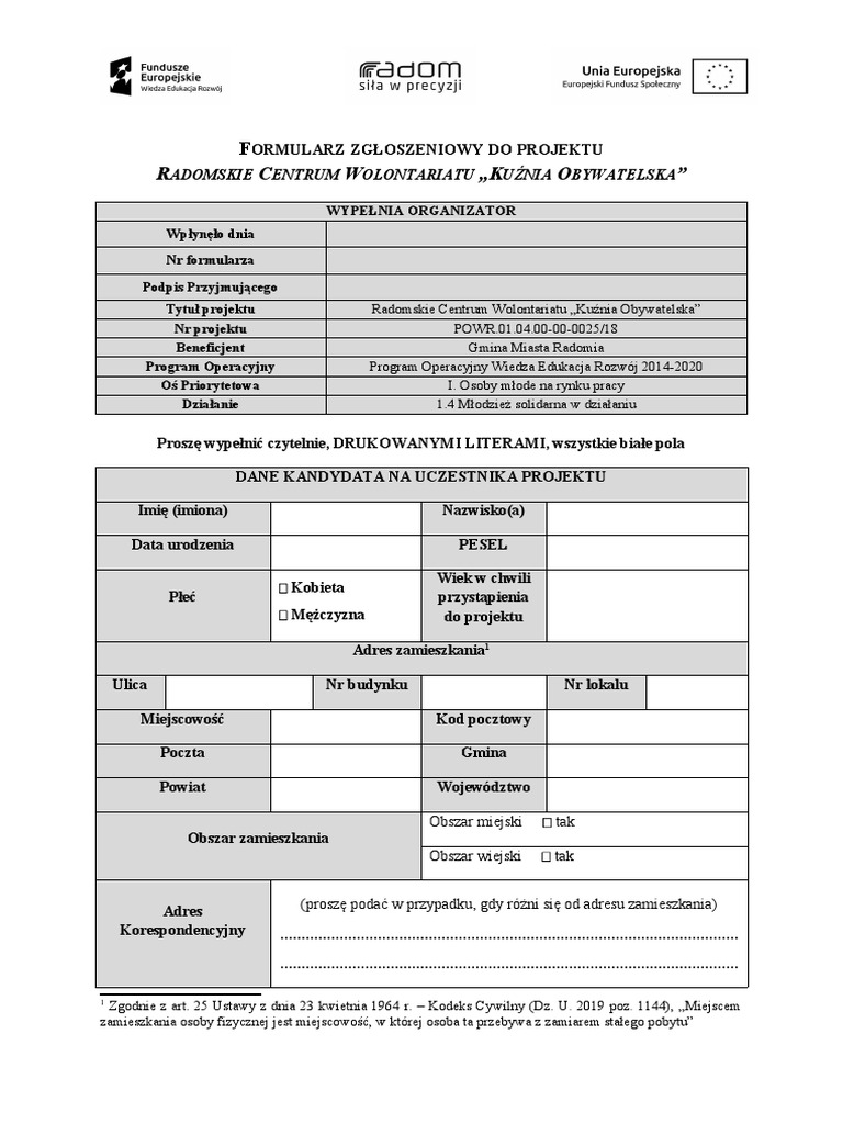 Formularz Zgłoszeniowy Uczestnika Do Projektu | PDF