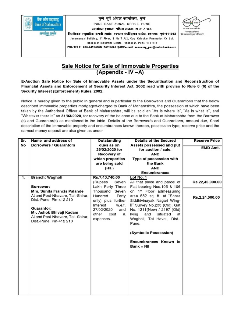 Sale Notice For Sale of Immovable Properties (Appendix - IV - A) | PDF ...
