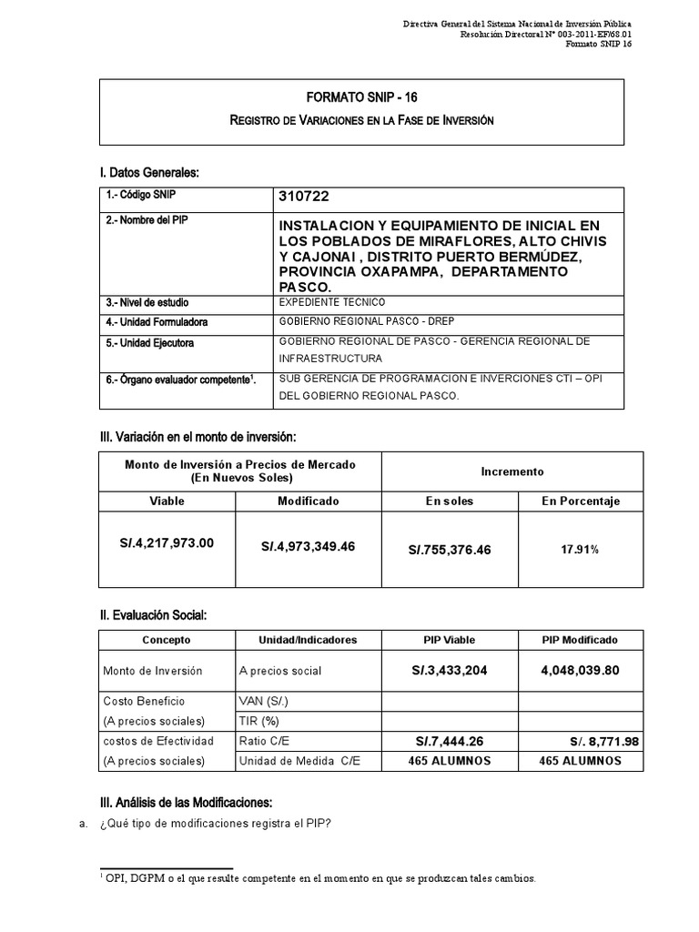 Ficha SNIP 16 - 310722 | PDF | Presupuesto | Economias