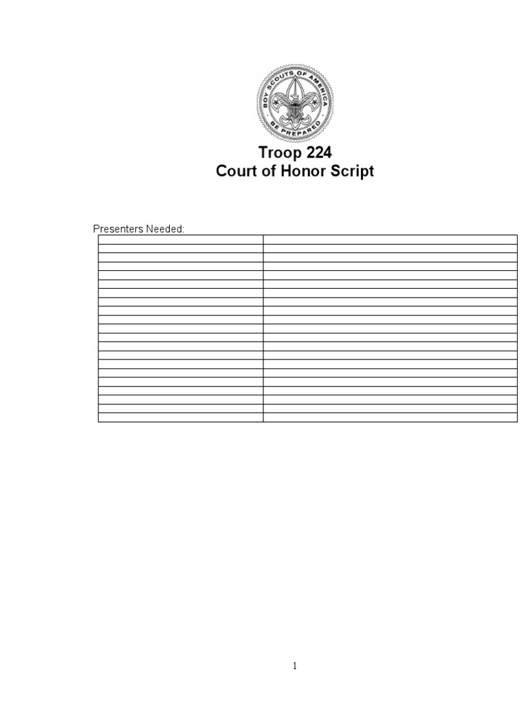Troop 224 Court of Honor Script | PDF | Scouting | Boy Scouts Of America