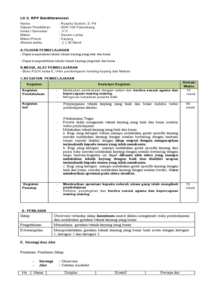 RPP Senam Lantai: Teknik Kayang SD | PDF