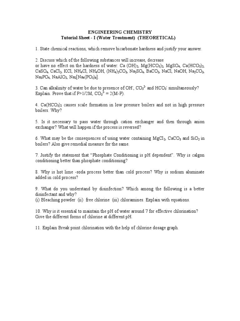 Engineering Chemistry Tutorial Sheet - I (Water Treatment) (THEORETICAL ...