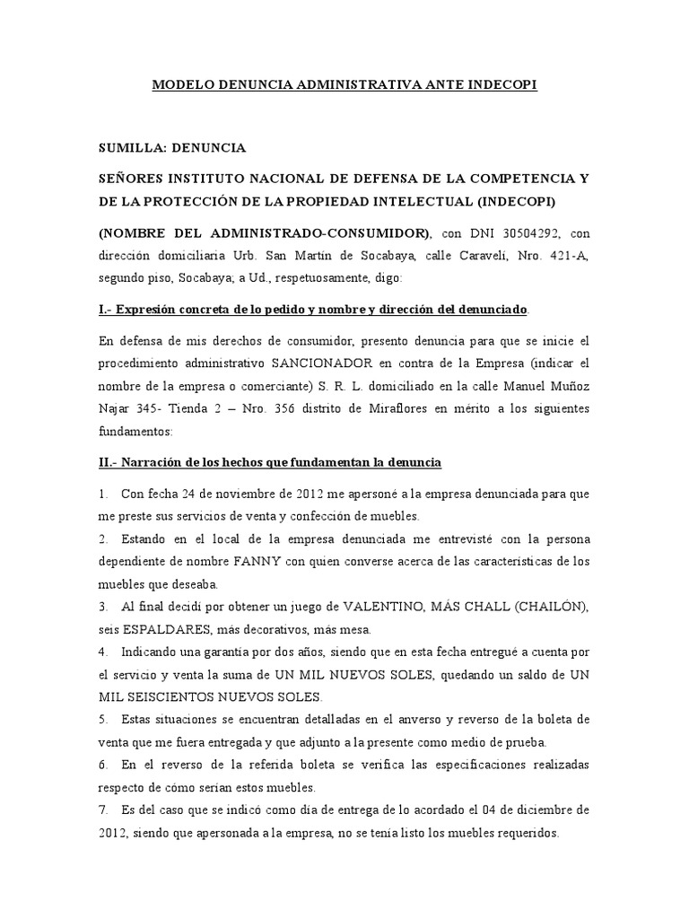 Modelo Denuncia Administrativa Ante Indecopi | PDF