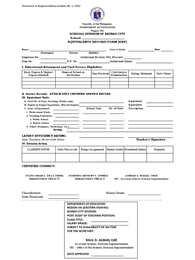 Equivalents Record Form for Teachers | PDF | Teachers