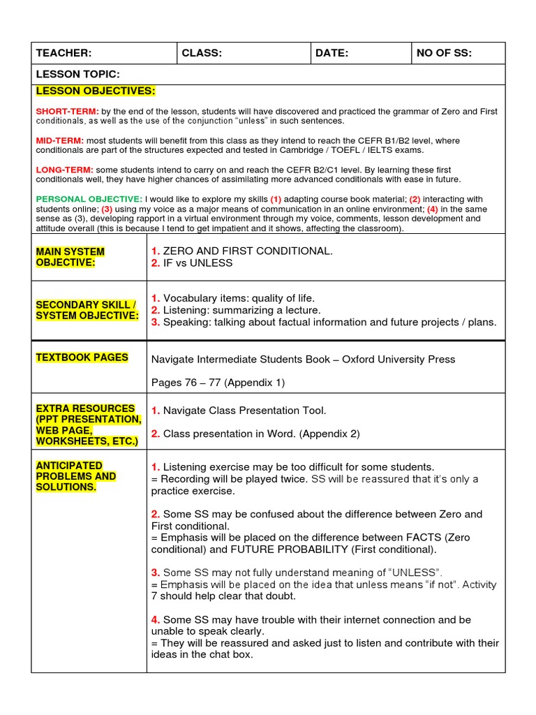 Mastering Conditionals: A Detailed Lesson Plan for Teaching Zero and ...