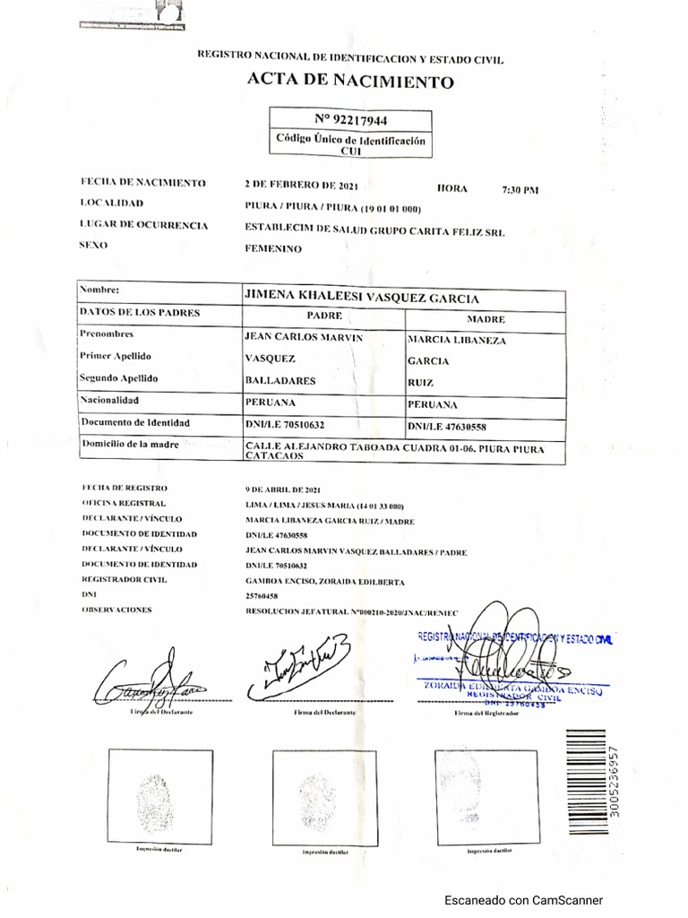 Acta de Nacimiento | PDF