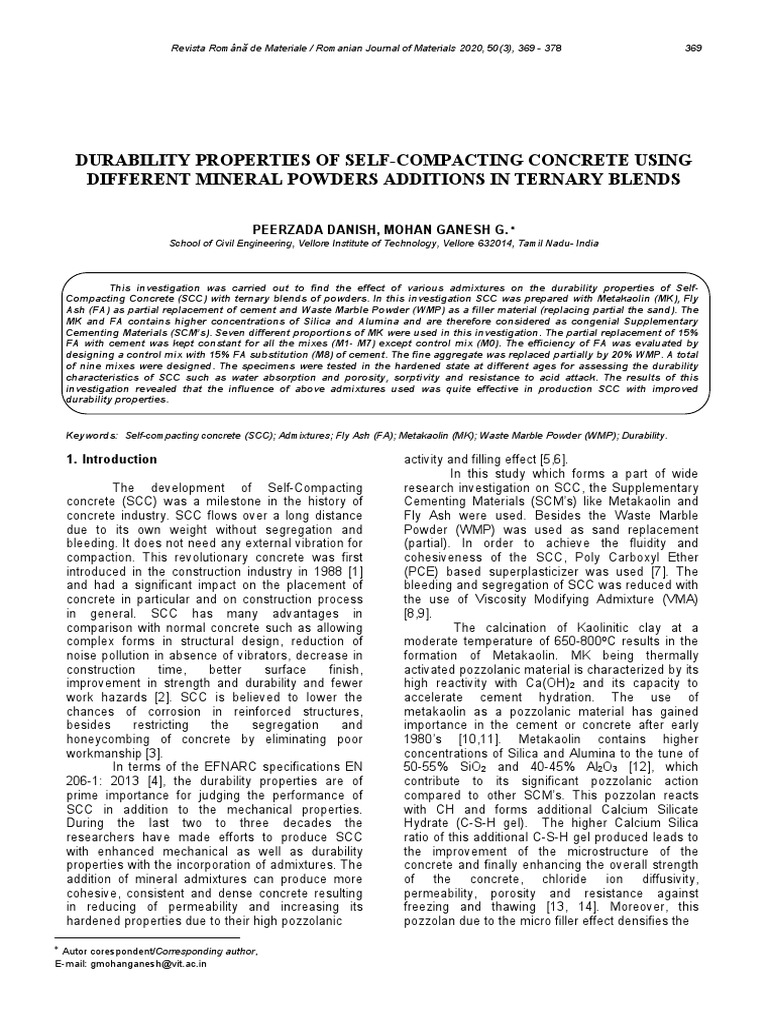 (Durability) Danish# pg369-378 Romanian Journal of Materials | PDF | Concrete | Cement