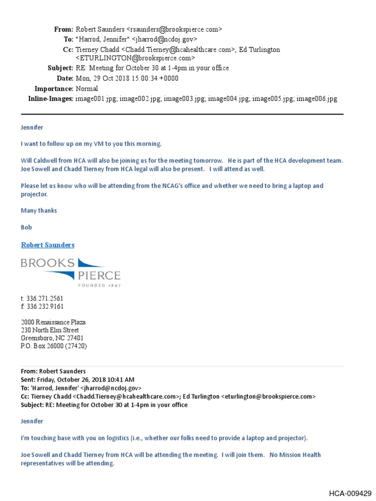 HCA-009429 NCDOJ Meeting With HCA On Oct. 30, 2018 | PDF