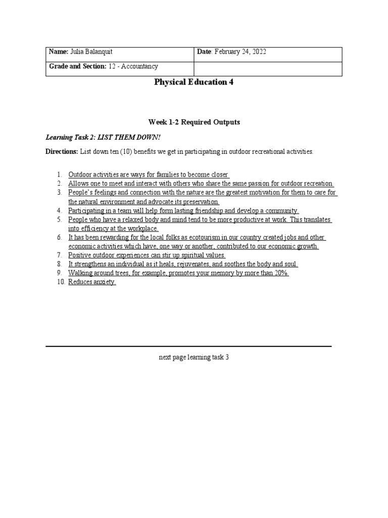 Julia Balanquit 12 Accountancy Week 1-2 | PDF | Physical Fitness | Outdoor Recreation
