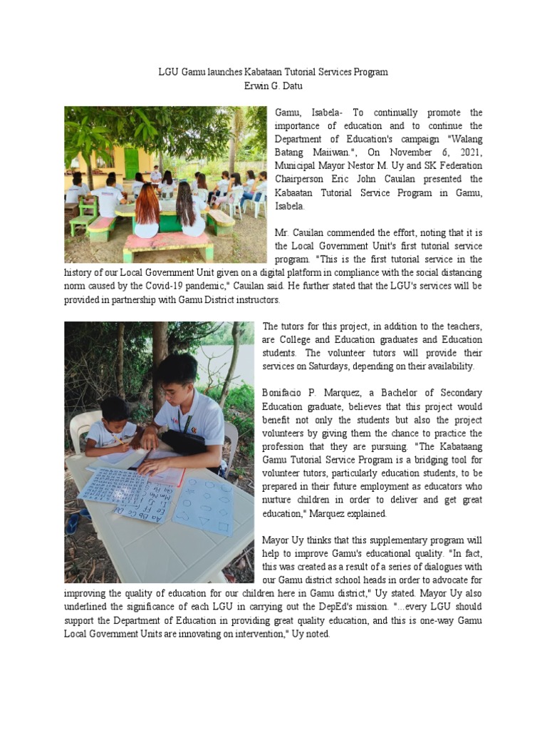 Article - LGU Gamu Launches Kabataan Tutorial Services Program | PDF ...