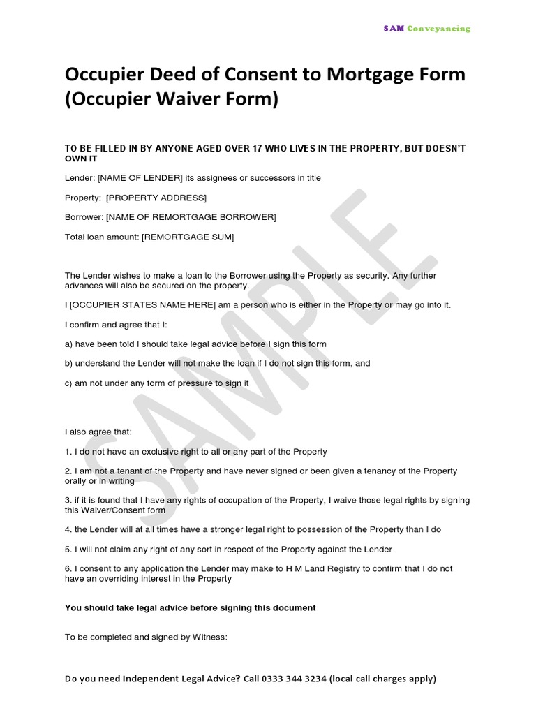 Sample Occupier Consent Form Template | PDF | Loans | Mortgage Law