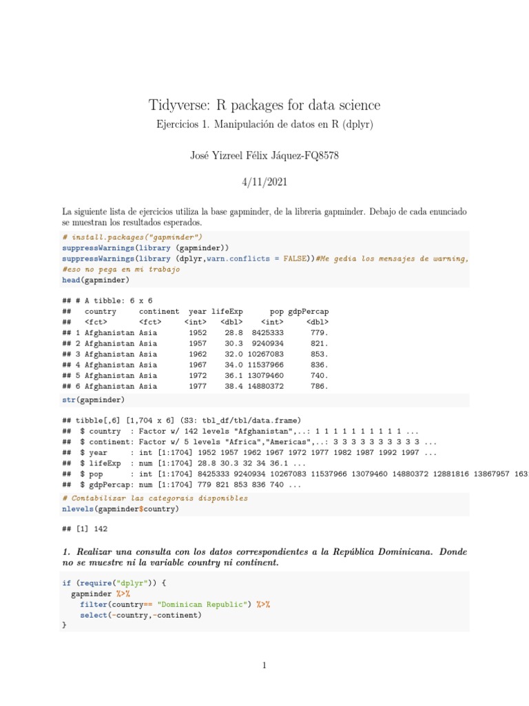 Tidyverse: R Packages For Data Science: Ejercicios 1. Manipulación de ...