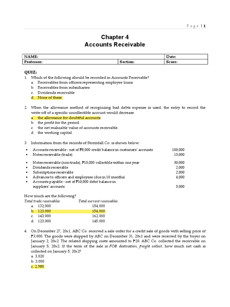 Accounts Receivable Quiz and Answers | PDF | Bad Debt | Business