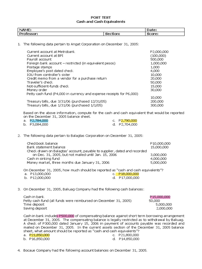 Post Test Cash and Cash Equivalents Name: Date: Professor: Section ...