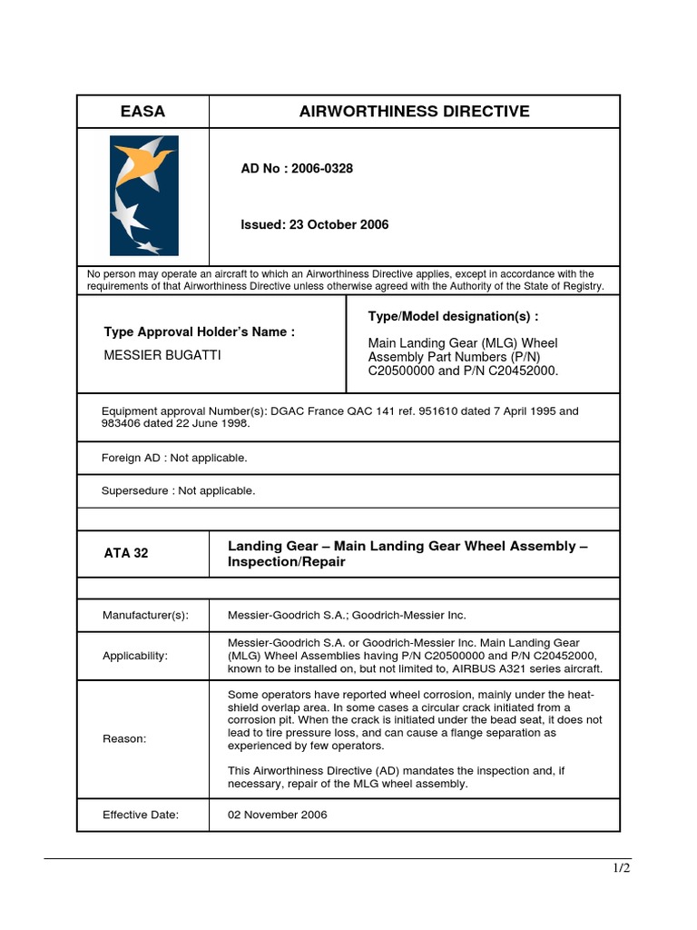 Easa Airworthiness Directive: AD No: 2006-0328 | PDF | Aeronautics ...