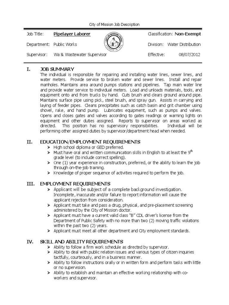 Pipe Layer Laborer | PDF | Pumping Station | Sanitary Sewer