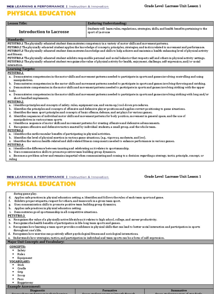 Team Sports Physical Education Lacrosse Unit Lesson 1 | PDF | Physical ...