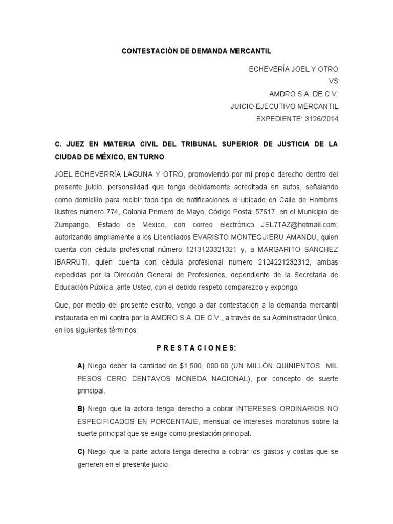 Contestación De Demanda Mercantil Pdf Demanda Judicial Justicia