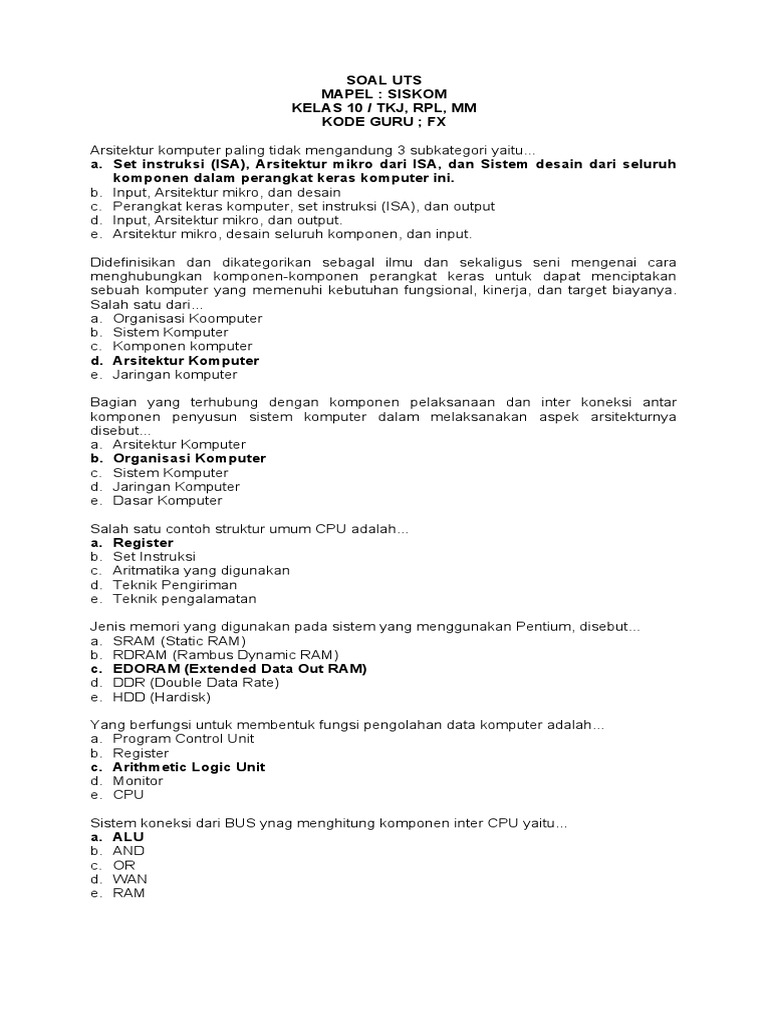 Soal UAS Sistem Komputer 10 TKJ, RPL, MM - Fransiskus Busa | PDF