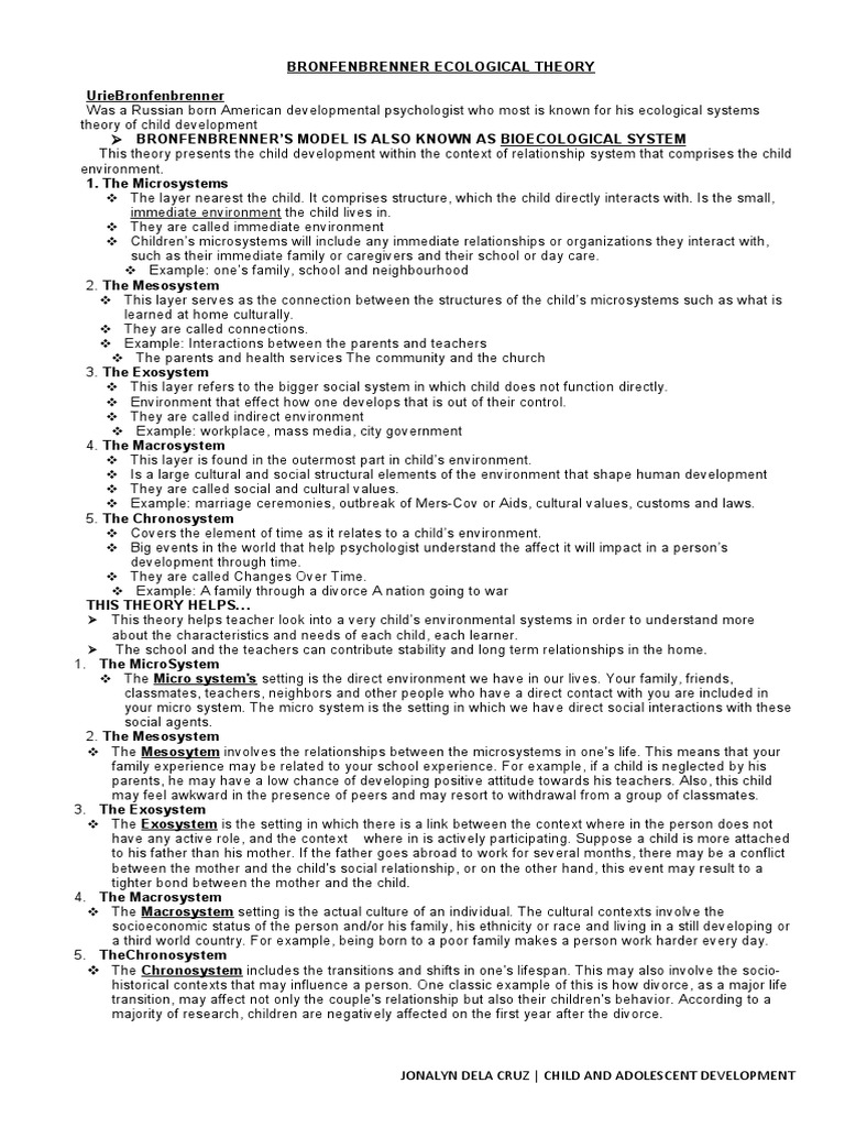 BRONFENBRENNER ECOLOGICAL THEORY Handouts | PDF