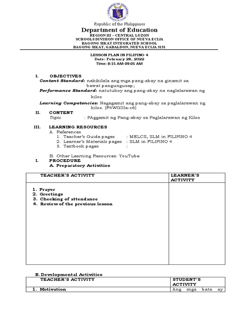 LESSON-PLAN-IN-FILIPINO-4 (WK2) Feb28 | PDF