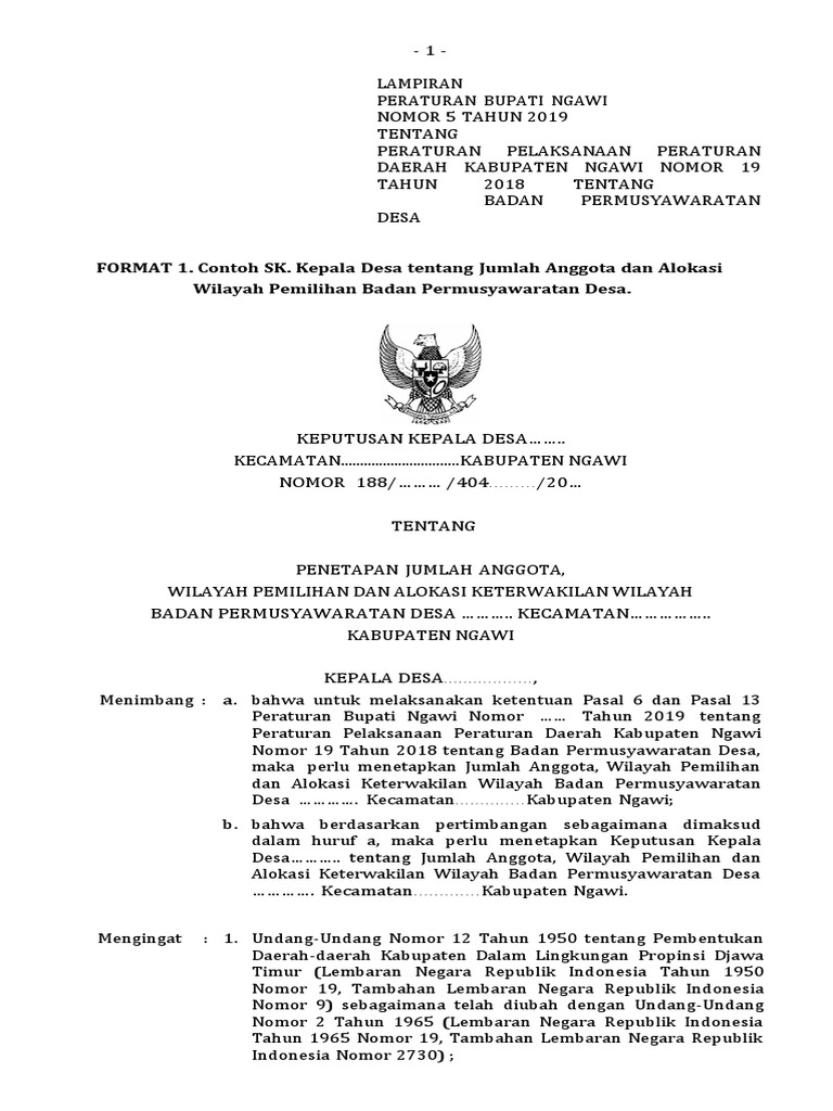 Format 1 Contoh SK Kepala Desa Tentang Jumlah Anggota Permusyawaratan ...