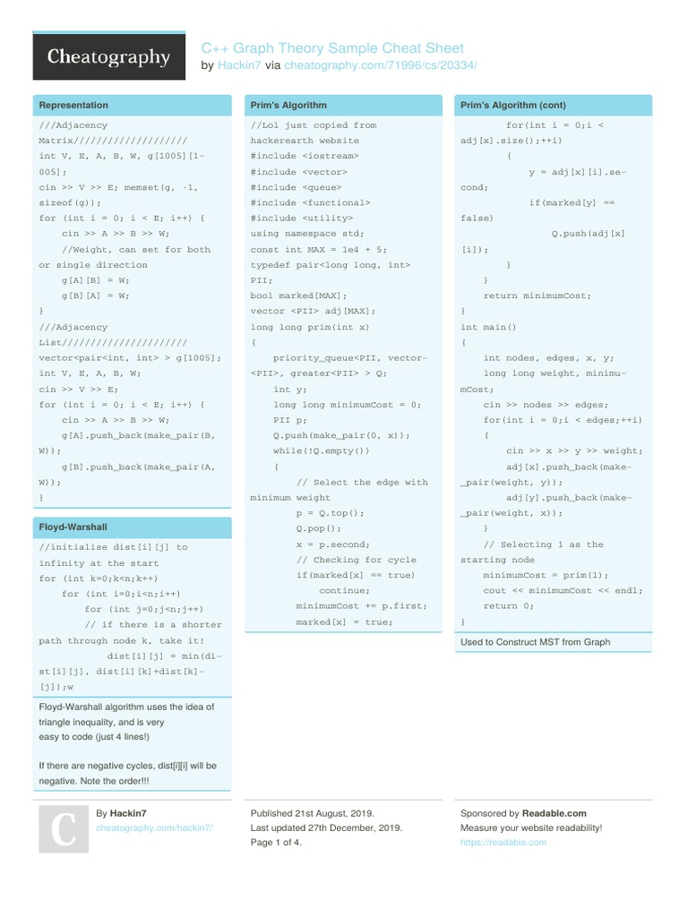 C++ Graph Theory Sample Cheat Sheet: by Via | PDF | Mathematical ...