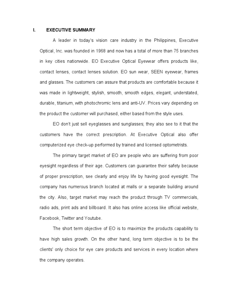 EO Executive Optical Executive Summary Sample | PDF | Glasses | Optometry