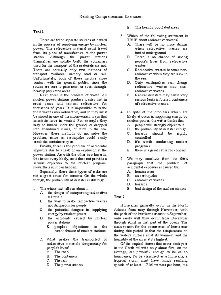 Reading Comprehension Exercise 2022 | PDF | Tropical Cyclones | Hazards