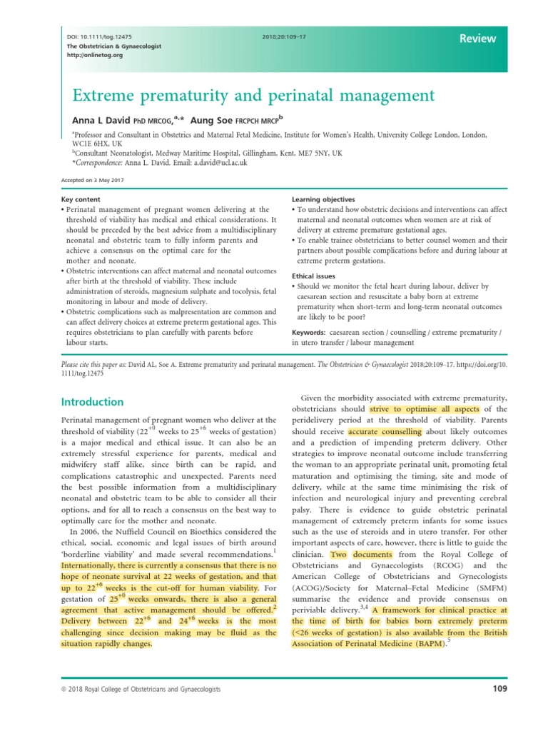 Extreme Prematurity and Perinatal Management Tog.12475 | PDF | Preterm ...