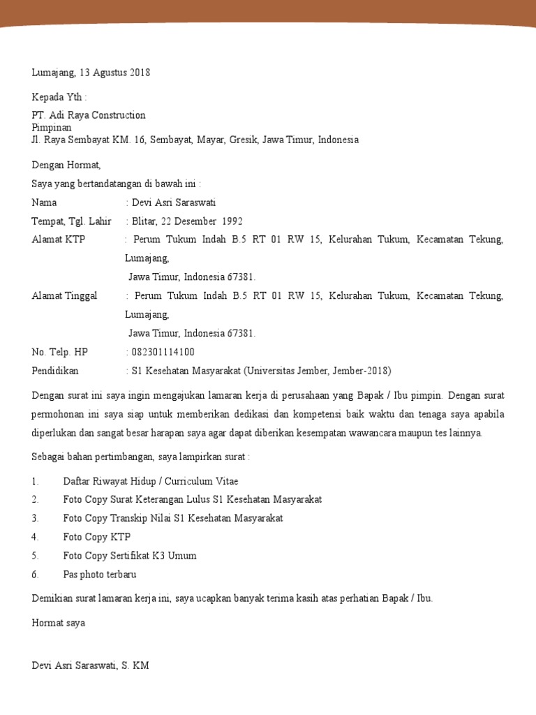 Lamaran Kerja Devi Asri Saraswati | PDF | Kesehatan Holistik