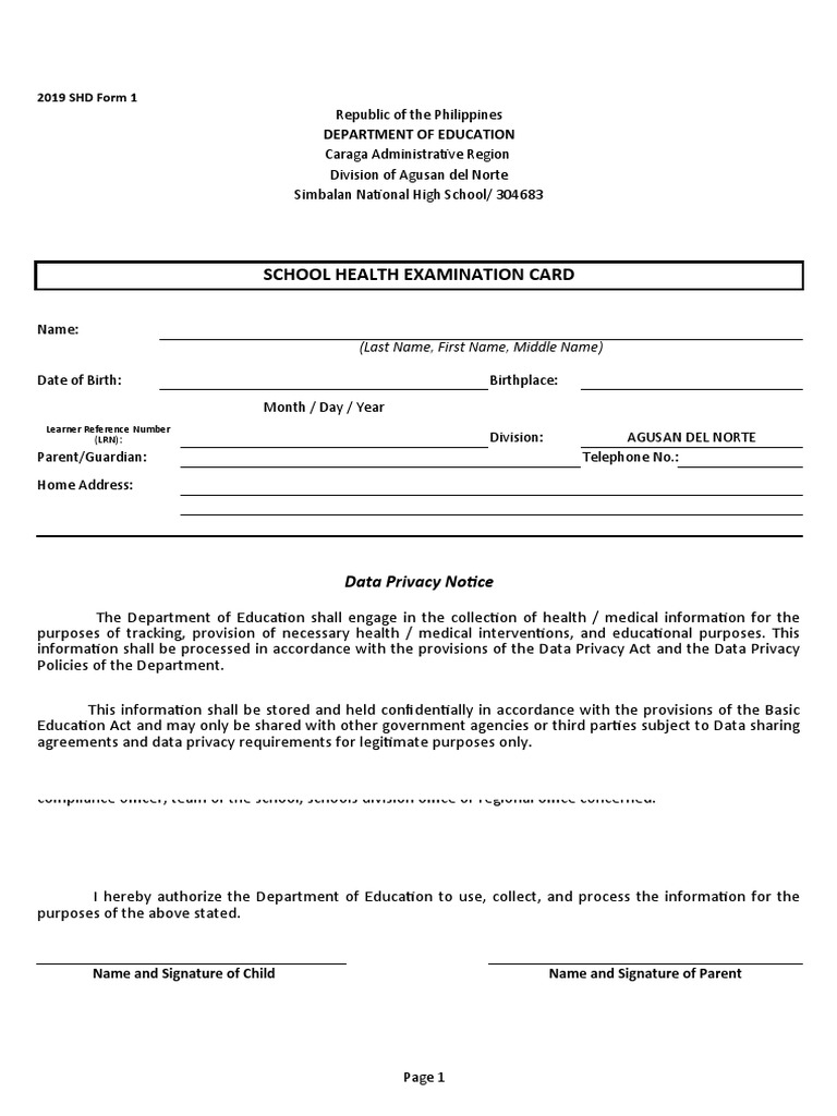 SHD Form 1 Etc Health Card | PDF