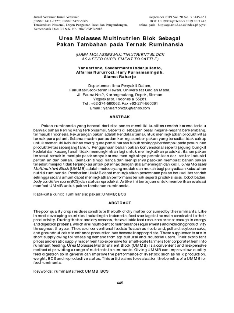 Urea Molasses Multinutrien Blok Sebagai Pakan Tambahan Pada Ternak ...