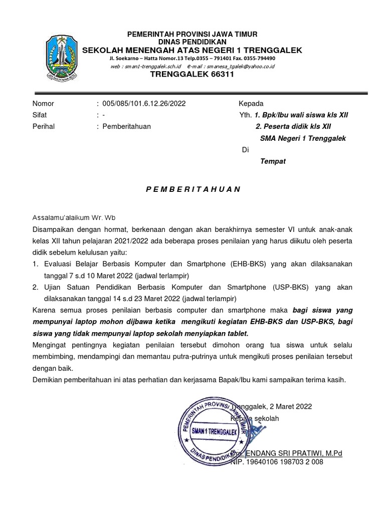 Surat Pemberitahuan Ehb-Bks Dan Usp-Bks | PDF