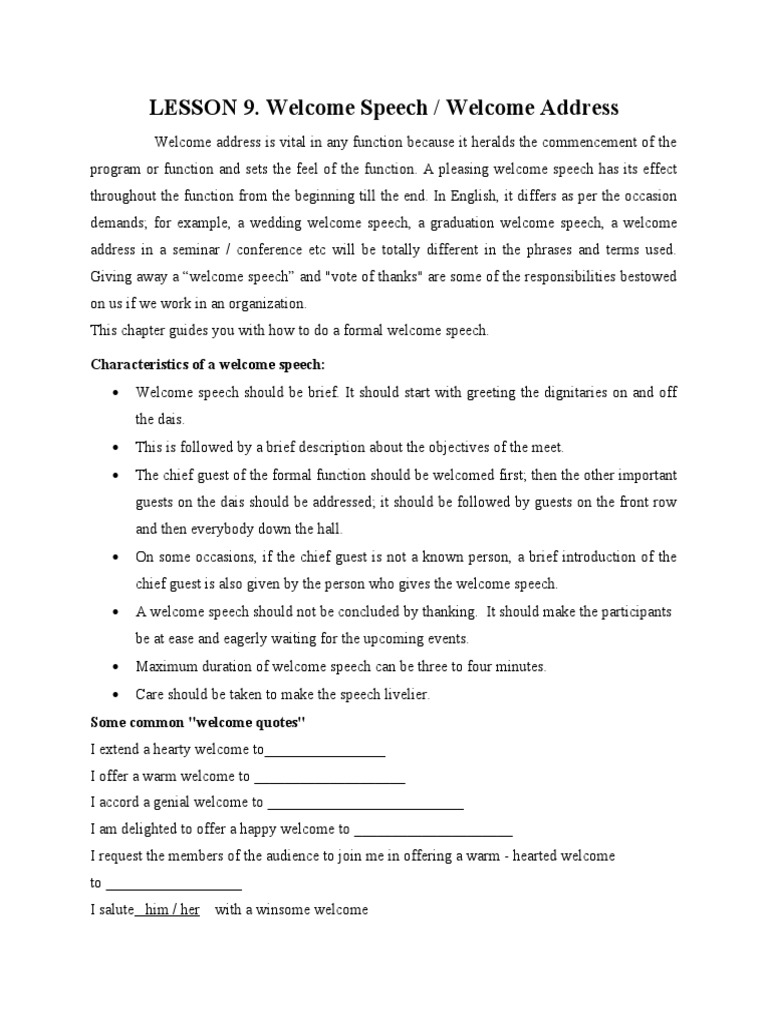 Crafting Effective Welcome Speeches | PDF | Teachers | Expert