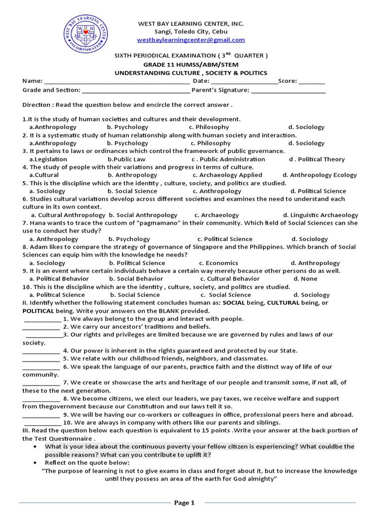 Grade 11 Humss/Abm/Stem Understanding Culture, Society & Politics | PDF ...