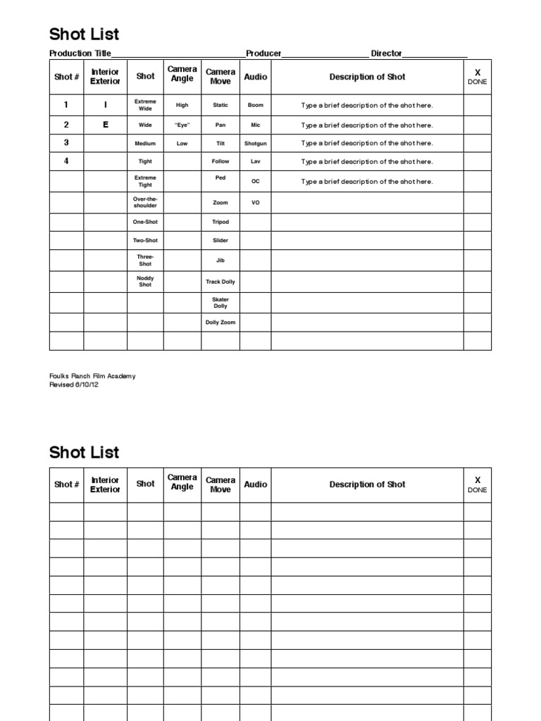 Film Production Shot List Template | PDF | Optical Devices | Film Industry
